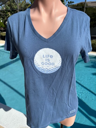 LIFE IS GOOD Golf Ball Golfing blue Womens Short Sleeve T shirt top ...