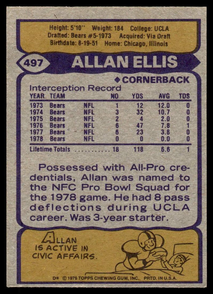 1979 Topps Allan Ellis #497 Chicago Bears Football Card | eBay