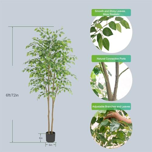 Tall Ficus Tree Artificial，(72in) Faux Ficus Tree with Realistic Smooth ...