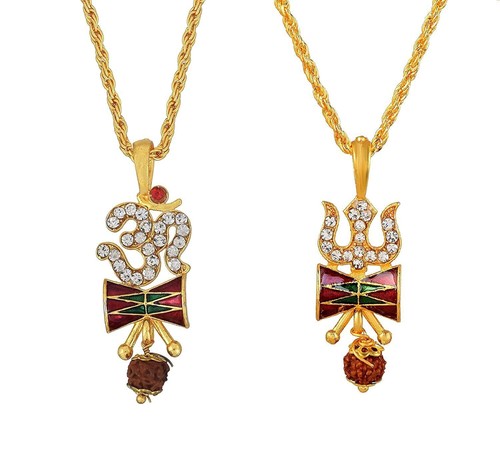 Combo Of 2 Red Garnet CZ Diamonds Gold Plated Religious Om & Trishul ...