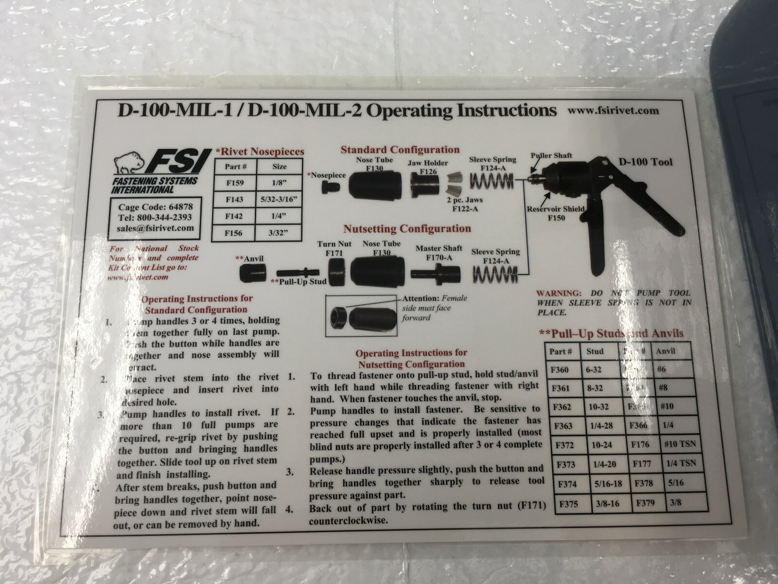 FSI HYDRAULIC BLIND RIVET Rivnut Nutsert Fastener Kit + Pulling Heads ...