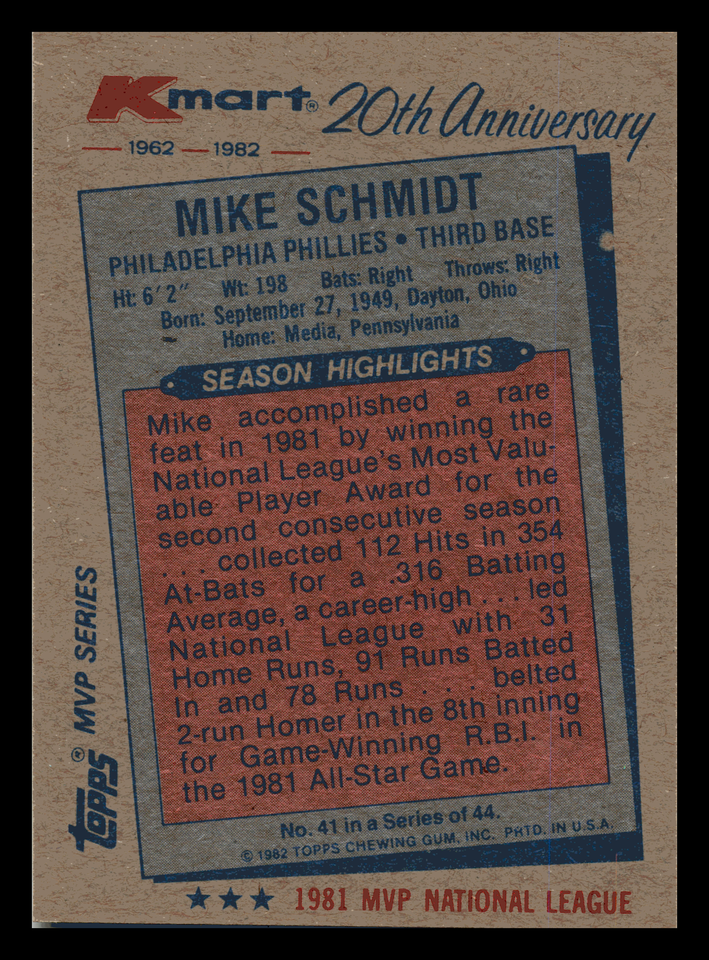 1982 Topps Kmart 20th Anniversary Mike Schmidt HOF #41 NM-MINT | eBay