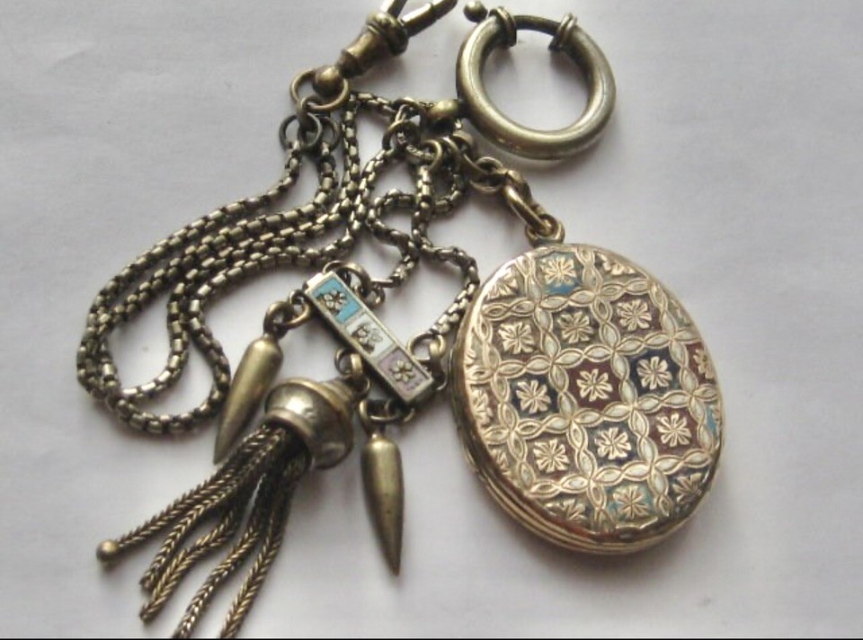 Antique Victorian Rolled Gold Enamel Oval Locket & Fob Watch Chain 5 1/ ...
