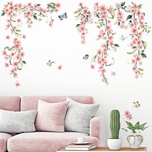 Hanging Flower Vine Wall Stickers Pink Floral Peel and Stick Wall Art ...