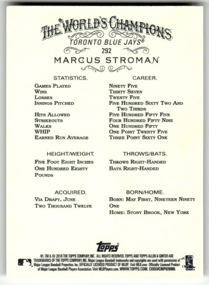 2018 Topps Allen & Ginter #292 Marcus Stroman Toronto Blue Jays ...