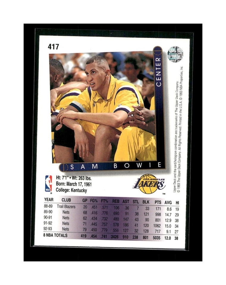 1993-1994 Upper Deck Basketball Card #417 Sam Bowie Center Los Angeles ...