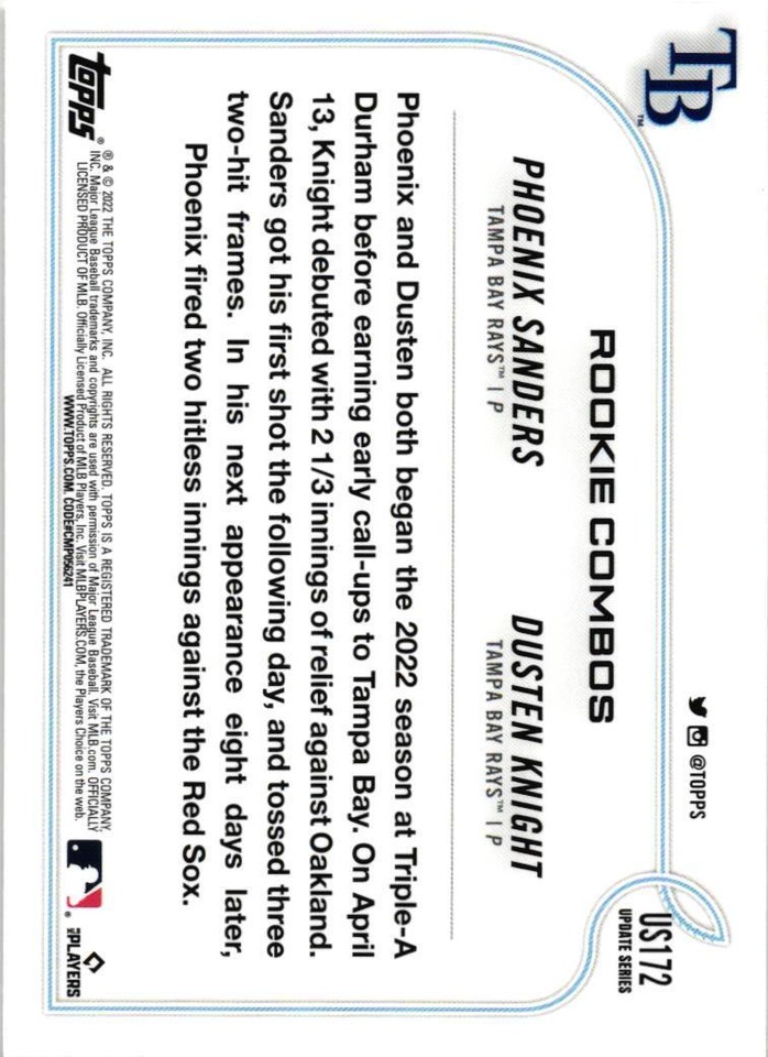 2022 Topps Update US172 Phoenix Sanders / Dusten Knight Tampa Bay Rays ...