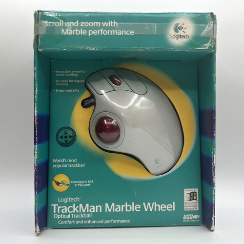 Logitech TrackMan Marble Wheel Ball USB Mouse Model T-BB13 In Box ...