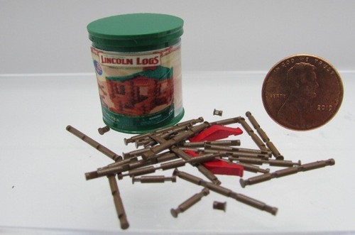 Dollhouse Miniature Replica Lincoln Logs Play Set with Storage Tub and ...
