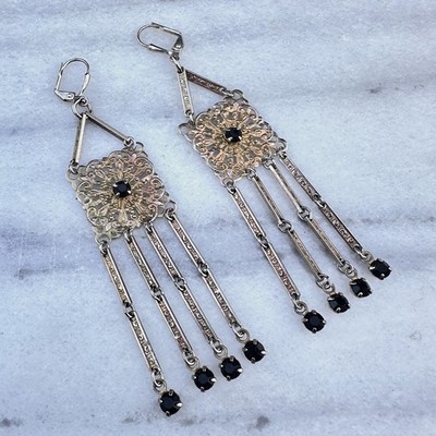 Vintage Filigree Chandelier Earrings Gold Tone Black Rhinestone Deco ...