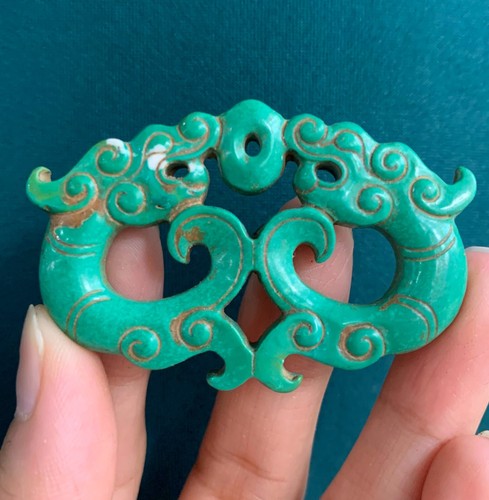 Chinese Han Dynasty turquoise carved fengshui double dragon beast ...