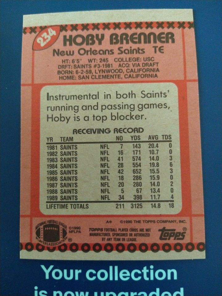 1990 Topps Football Disclaimer Back Hoby Brenner #234 New Orleans ...