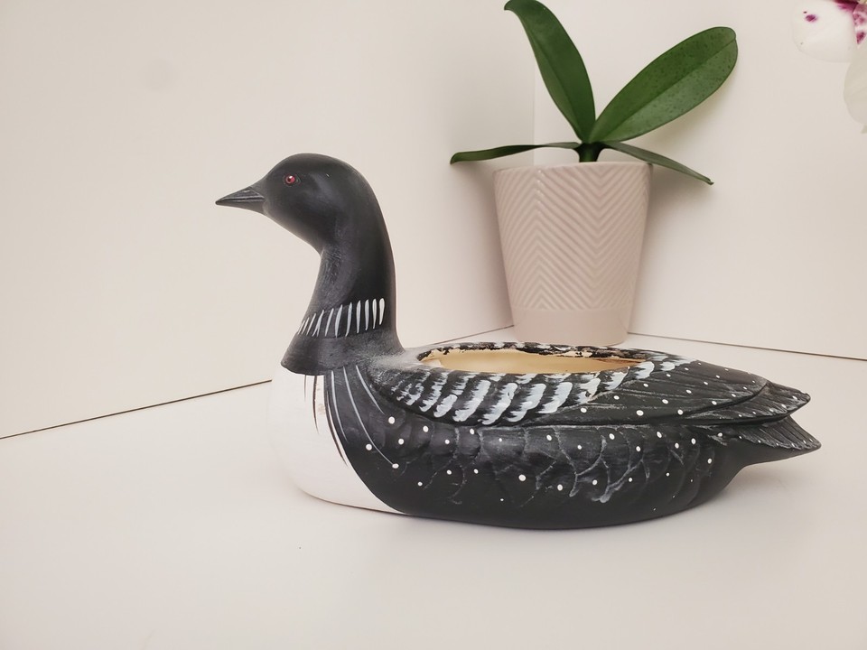 Vintage Ceramic Loon Planter Hand Painted In Black and White (One Only ...