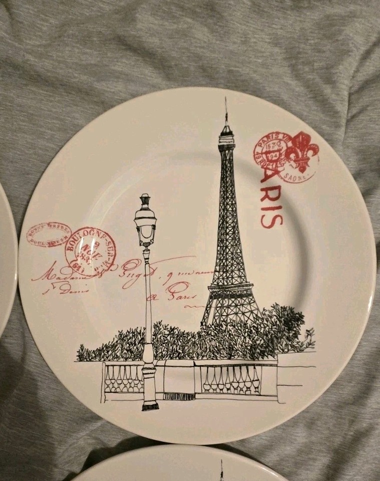 Paris Eiffel Tower Dinner Plates French Bistro Café Style Decorative 4 ...
