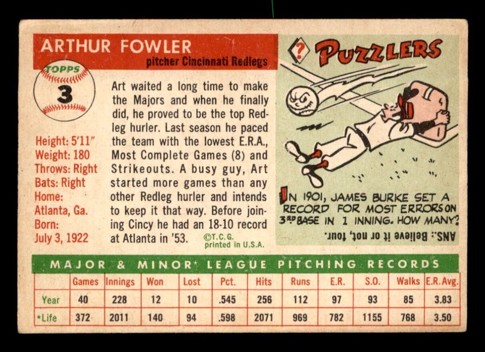 1955 Topps Baseball #3 Art Fowler VG/EX *j1 | eBay