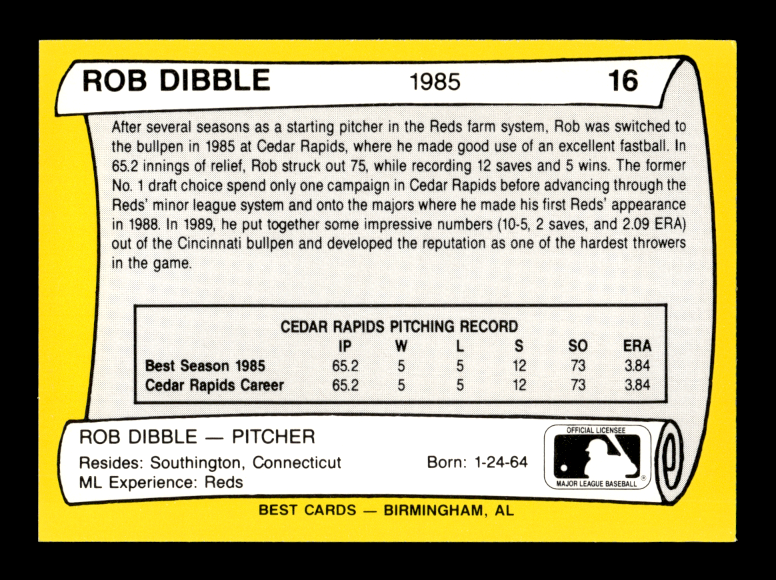 1990 Best Cedar Rapids Reds All Decade # 16 Rob Dibble Card (ML ...