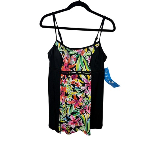 Fit for You Fit 4 U One Piece Swim Dress Women 16 Black Multi Floral ...