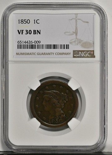 1850 1C Braided Coronet Head Large Cent NGC Graded Coin VF 30 BN 1889 ...