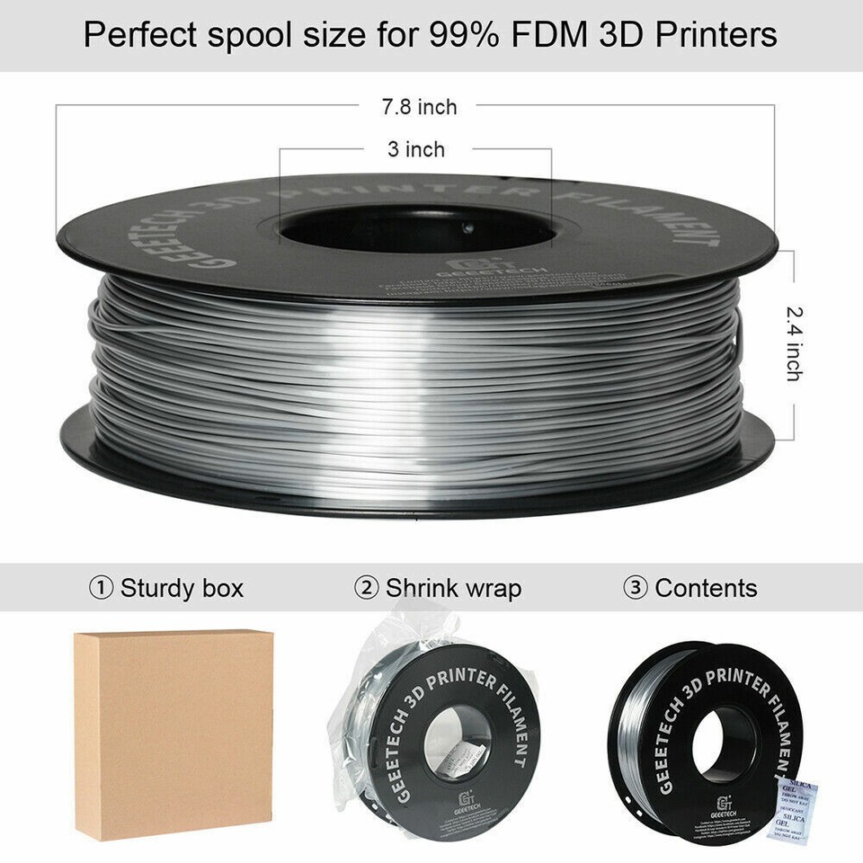GEEETECH Silky PLA 3D Printer Filament 1.75mm 1KG Silk Silver Metallic ...
