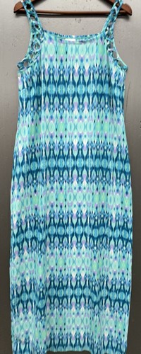 Dotti Maxi Dress L Blue Teal Geo Lightweight Boho Hippie Fairy Beachy ...