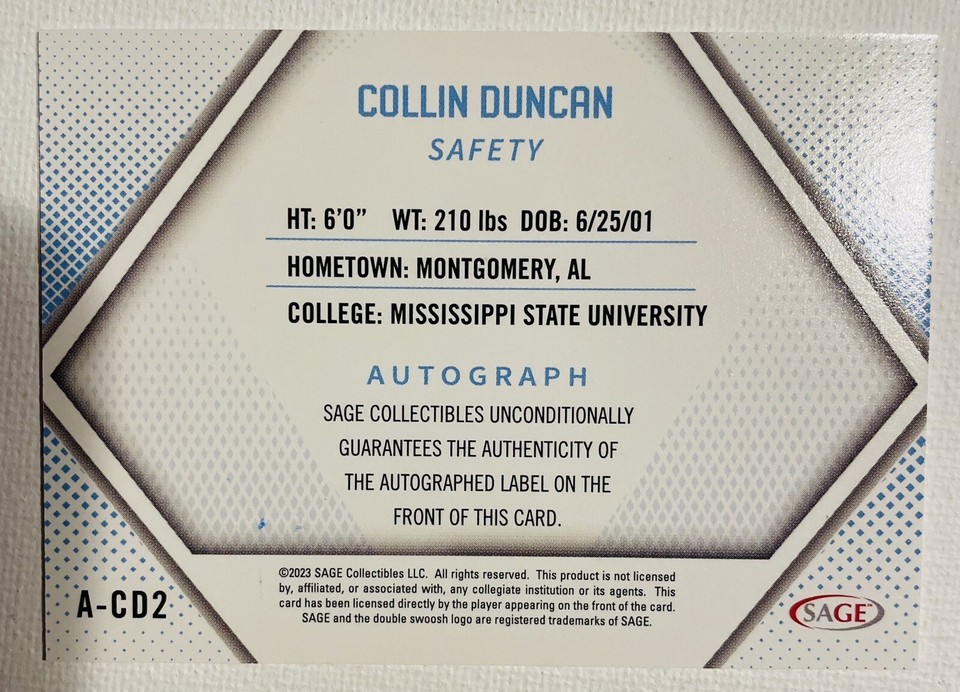 2023 Sage Collin Duncan Rookie Auto Mississippi State Bulldogs #A-CD2 ...
