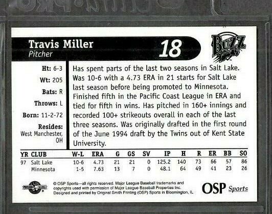 1998 OSP Sports Salt Lake Buzz #18 Travis Miller Signed Autograph ...