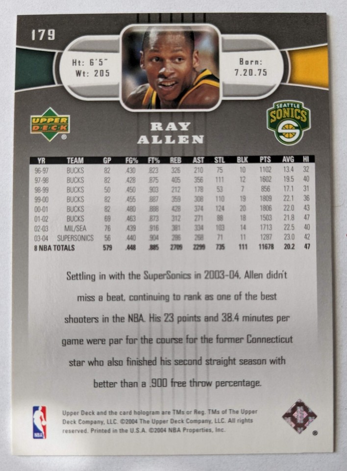 RAY ALLEN, 2004-05 UPPER DECK #179, SONICS | eBay