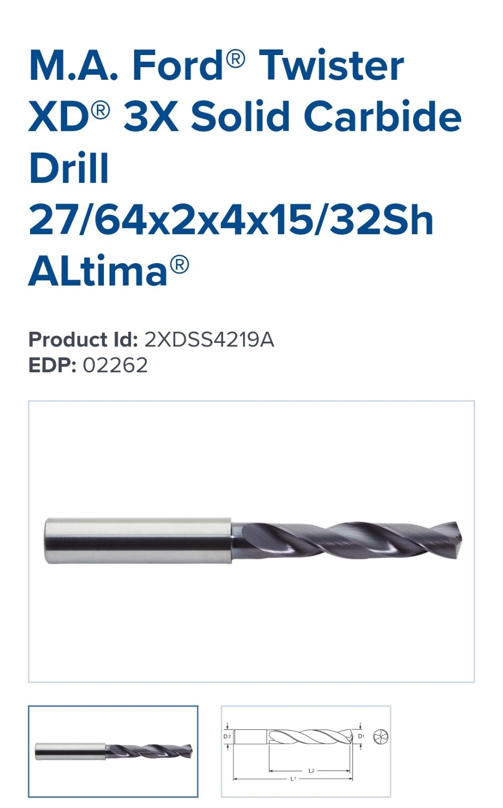 M.A. Ford 02262 DRILL 27/64 SOLID STUB 27/64 (.4219) x 2 x 4 Twister XD ALtima | eBay