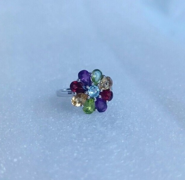 Natural Multi Gemstone Cluster Flower Ring 925 Sterling Silver Handmade ...