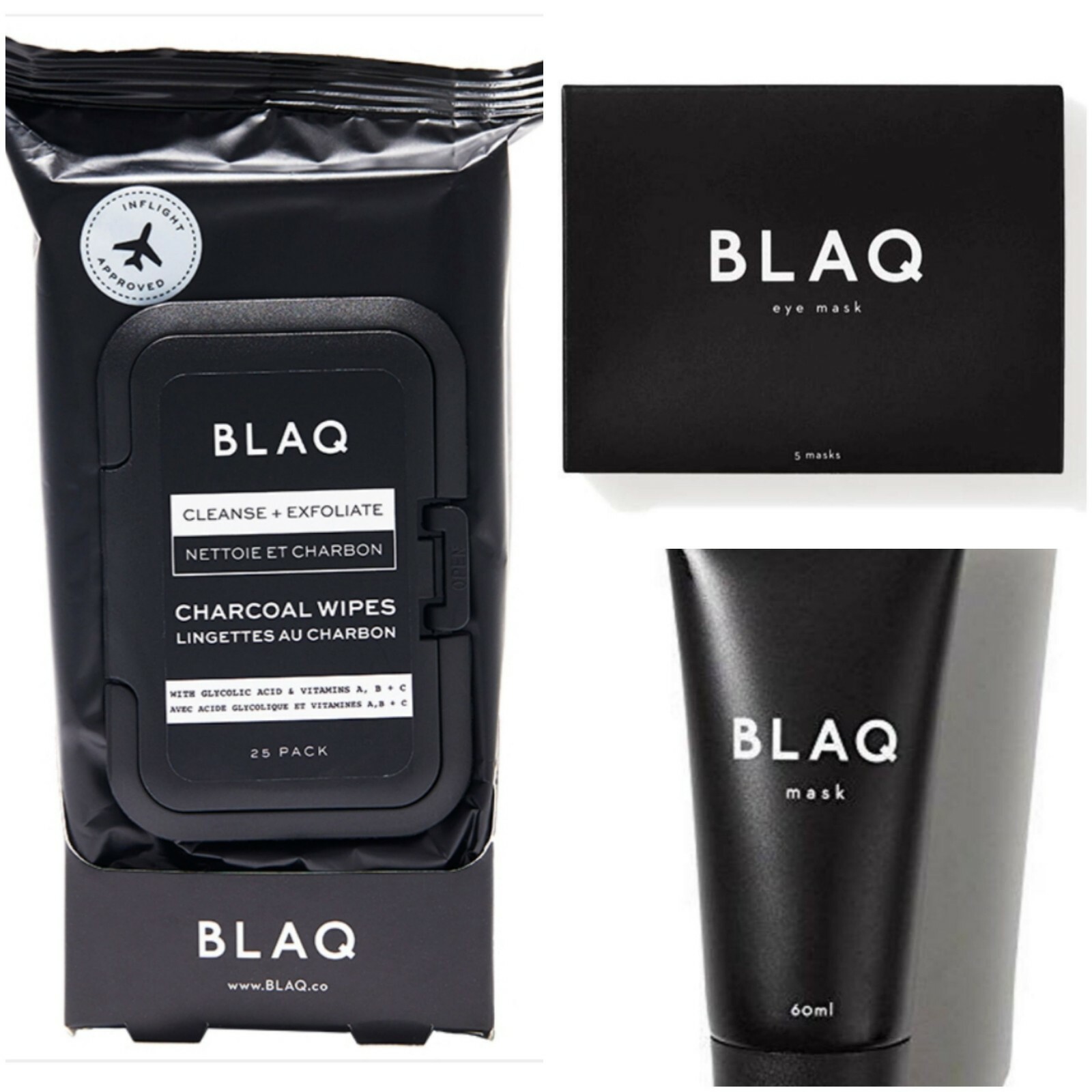 BLAQ lot, 25 charcoal wipe pack, 5 ct eye mask, 60mL peel off mask tube ...