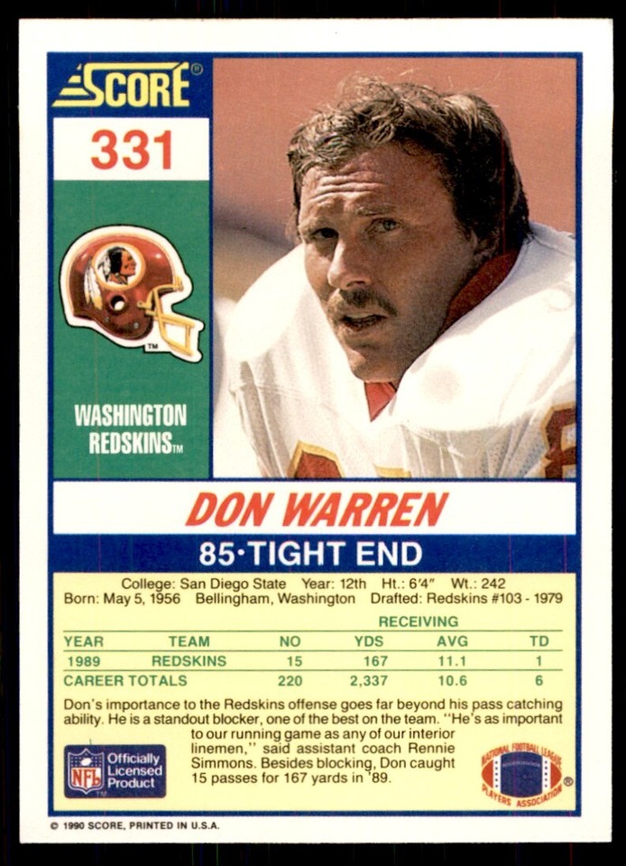 1990 Score Don Warren Washington Redskins #331 | eBay
