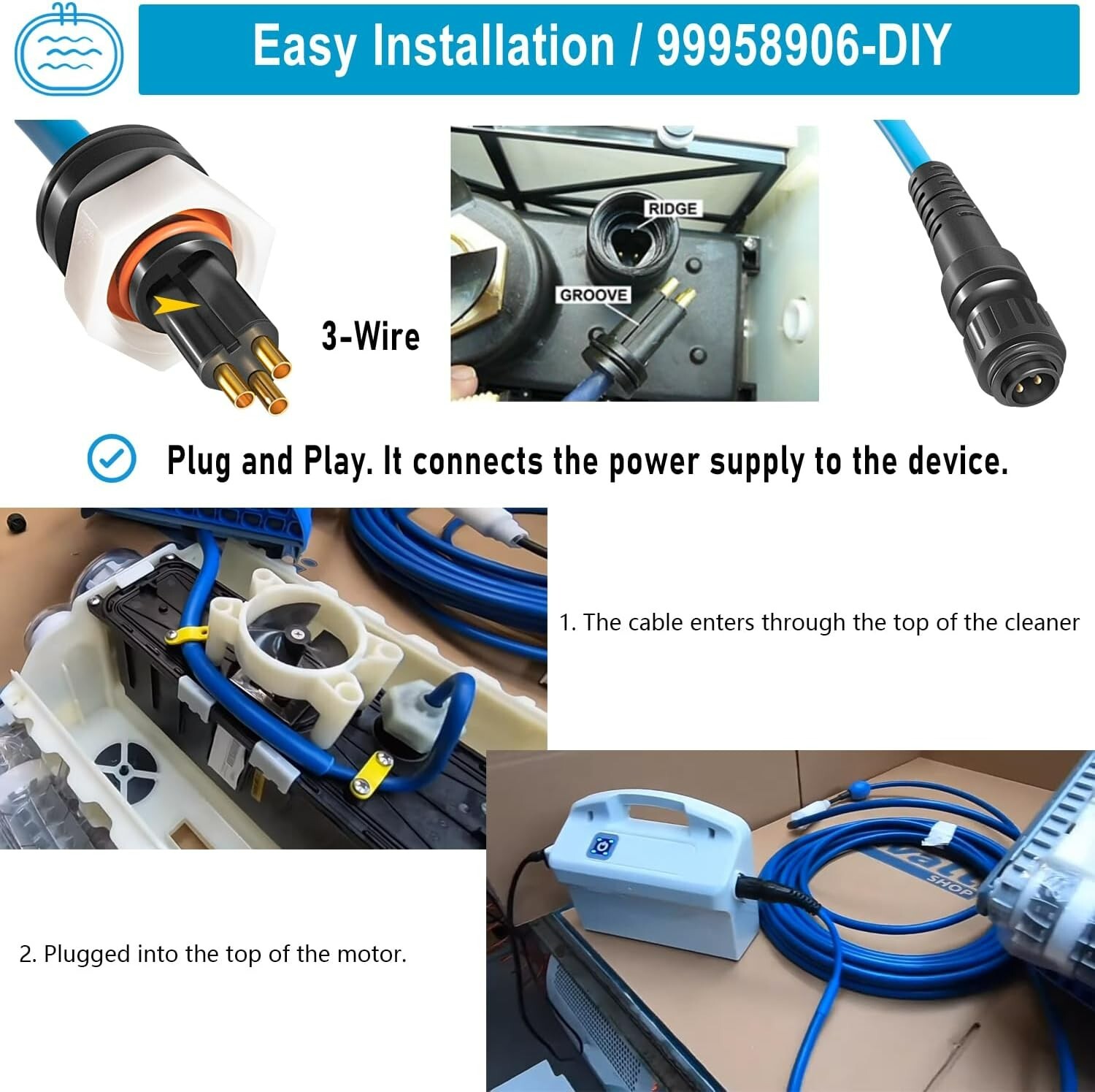 99958906-DIY 18M/60FT Blue 3-Wire Cable with Swivel for Dolphin Active ...