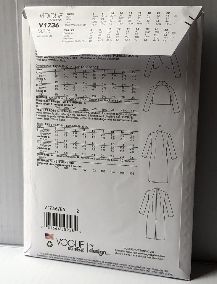 Vogue Sewing Pattern 1736 Firs Lady Vintage Look Dress / Jacket Misses ...