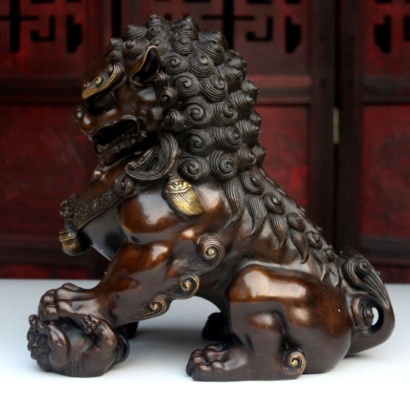 Pair Brass Lion Statue Chinese Classical Guardian Door Fu Foo Feng Shui ...