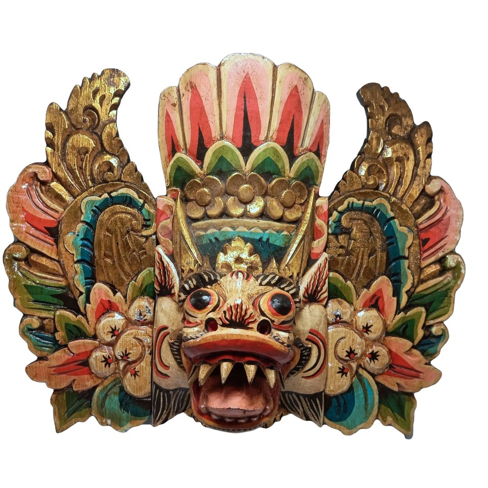 Balinese Wood Mask Barong Singa Lion Statue Ritual Carved Wall Art ...