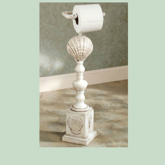NEW COASTAL SEA SHELL WHITE STANDING TOILET PAPER HOLDER CUST FINI AVAI ...