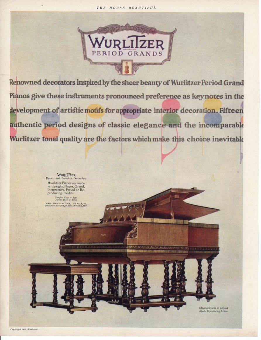 Vintage Print advertisement ad 1926 Wurlitzer Period Grand Piano Dekalb ...