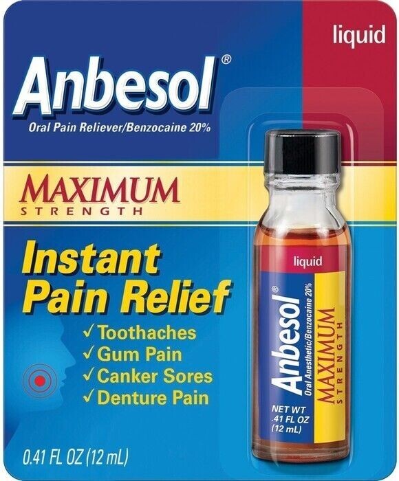 12 Pack ANBESOL Liquid Maximum Strength Instant Oral Pain Relief ...