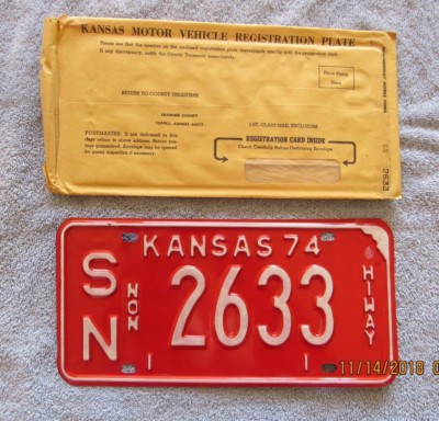 Unused 1974 Shawnee County Kansas Non-Hiway License Plate #SN-2633 ...