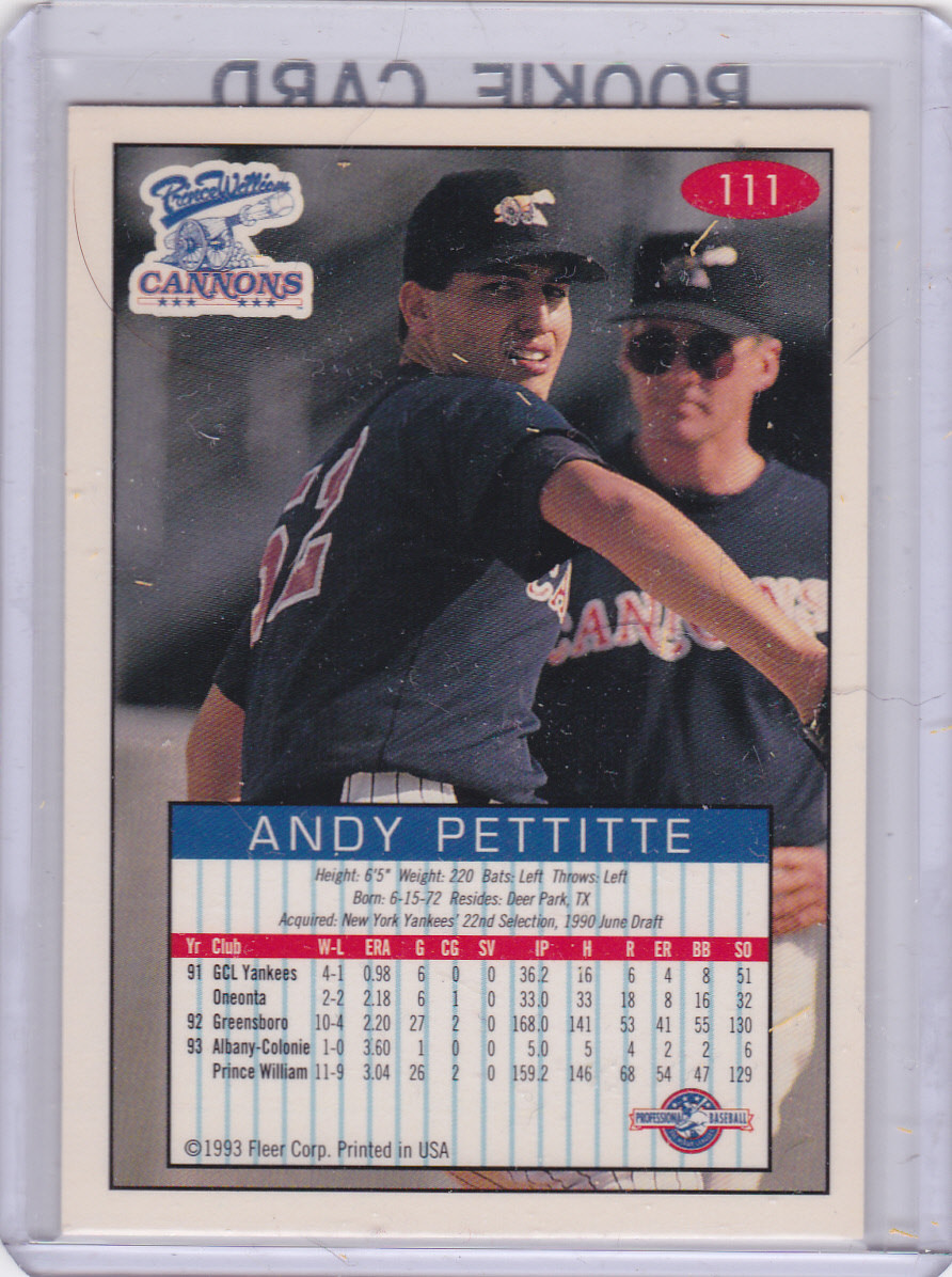 ANDY PETTITTE 1993 Fleer Excel NEW YORK YANKEES ROOKIE CARD Baseball ...