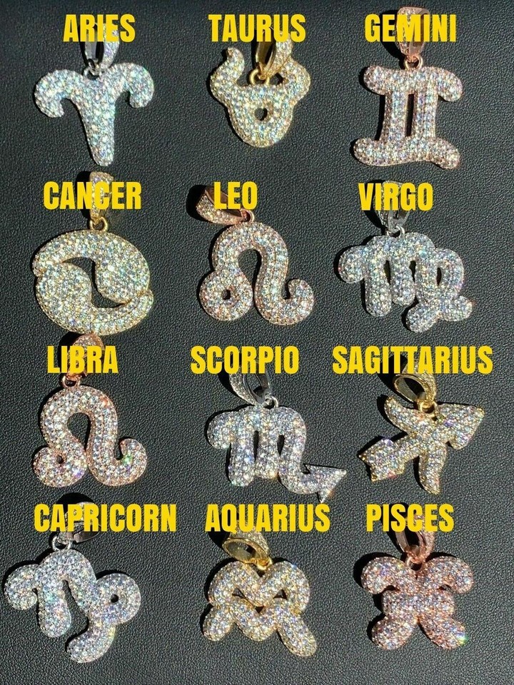 Solid 925 Silver Gold Plated Iced Bubble CZ Zodiac Astrology Sign ...