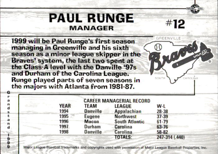1999 Greenville Braves Grandstand #21 Paul Runge Manager Baseball Card ...
