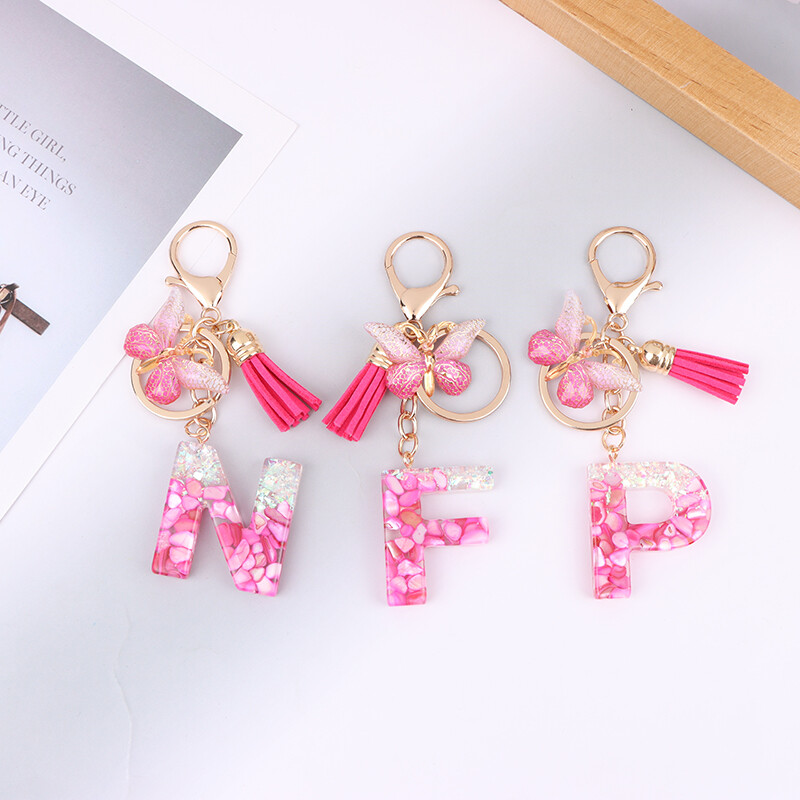 Fashion Pink Tassel Letters Butterfly Keychain Sequin Filled Resin ...