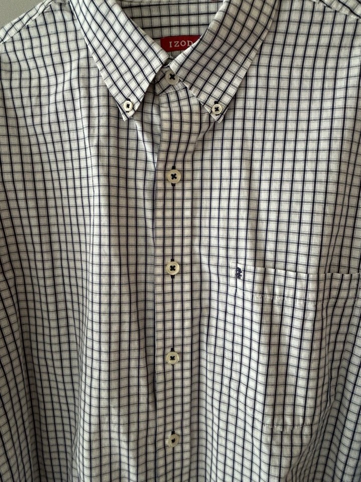 Izod Mens Button Down Shirt 2XL Navy White Plaid Long Sleeve 100% ...