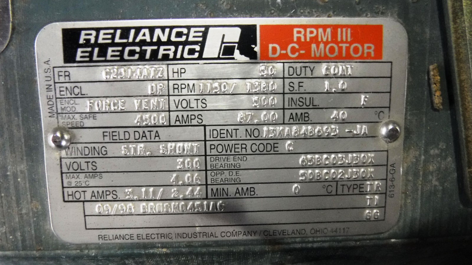 50 HP DC Reliance Electric Motor, 1150 RPM, C2514ATZ, DPFV, 500 V EOK ...