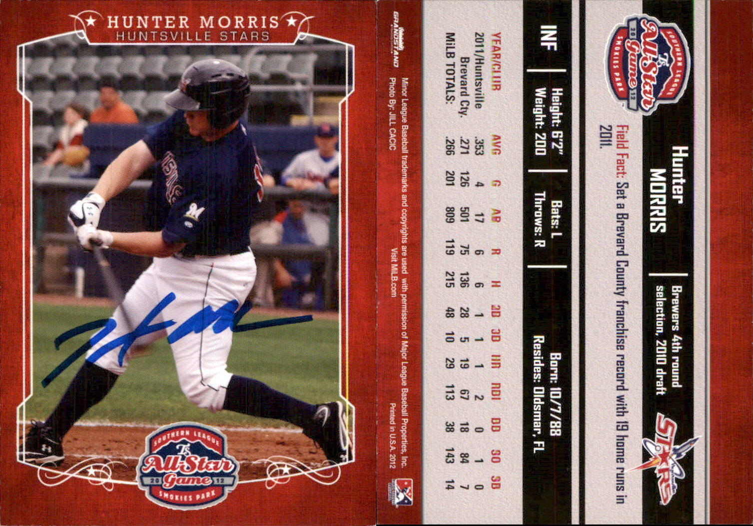 Hunter Morris Signed 2012 Grandstand Southern League All-Stars North ...