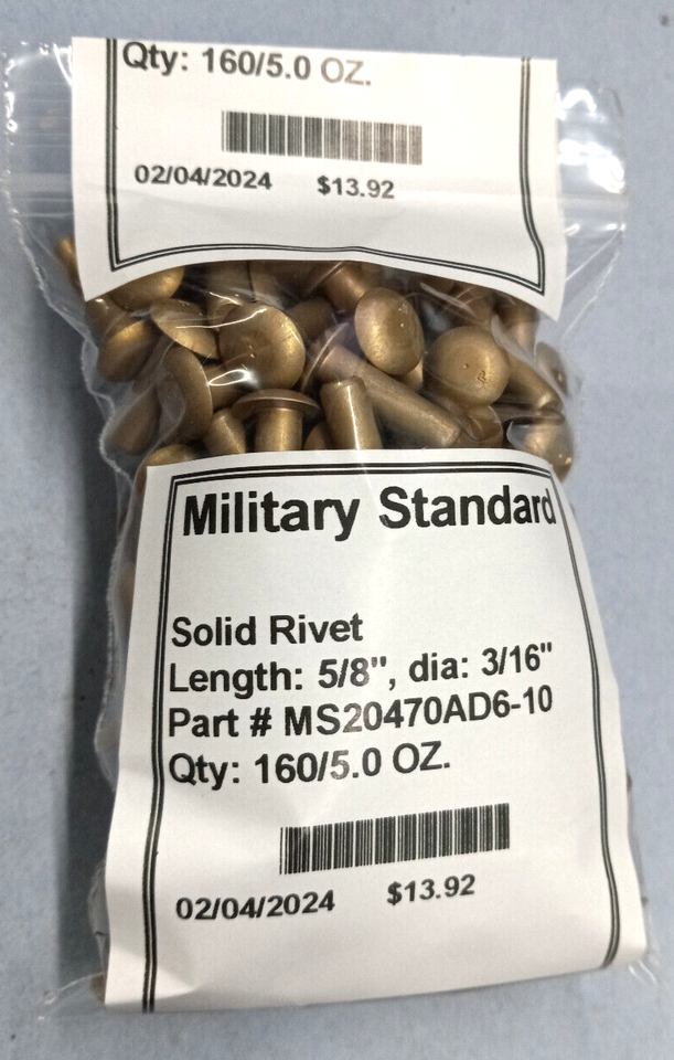 Military Standard P/N MS20470AD6-10 Length: 5/8", dia: 3/16" S (160/5.0 ...