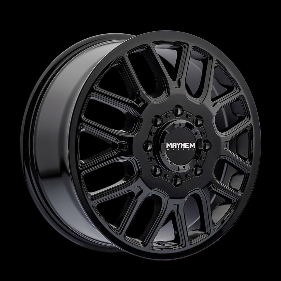 4) 17"X6.5 DODGE RAM 3500 8 LUG W/LUGS DUALLY GLOSS BLACK WHEELS MAYHEM ...