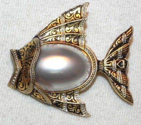 Vintage Damascene Angel Fish Pin Faux Pearl Belly Brooch Gold Tone ...