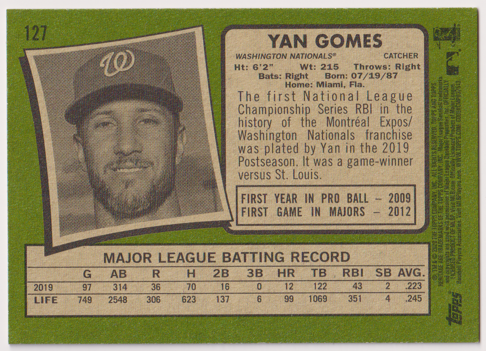 2020 Topps Heritage #127 Yan Gomes Washington Nationals | eBay